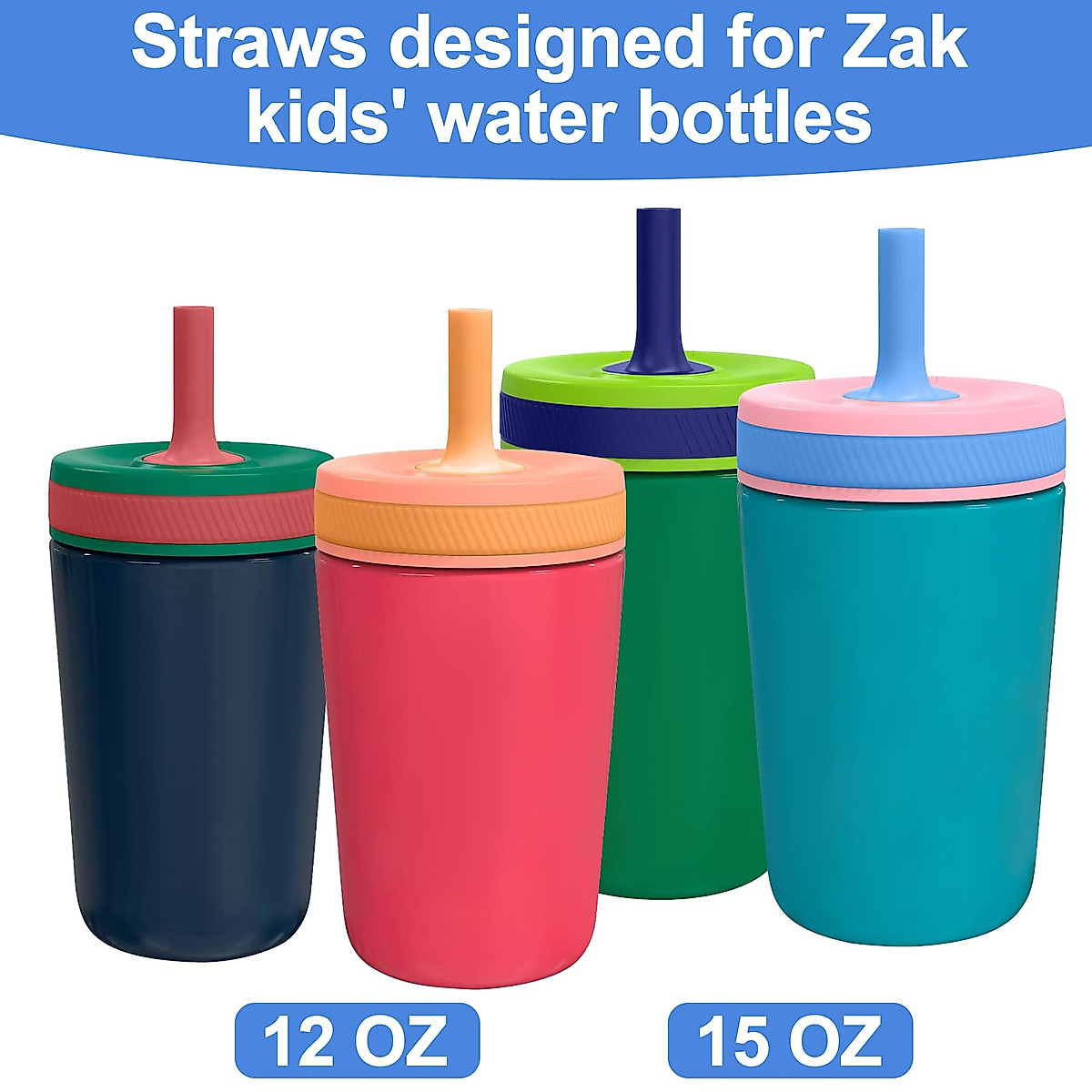 Vodolo Straw Replacement Compatible with Zak Straw Cups,4PCS 15 oz Tumbler Water Bottle Reusable Silicone Straw BPA-Free with Straw Cleaning Brush for Zak Designs Kelso 12 oz Cups