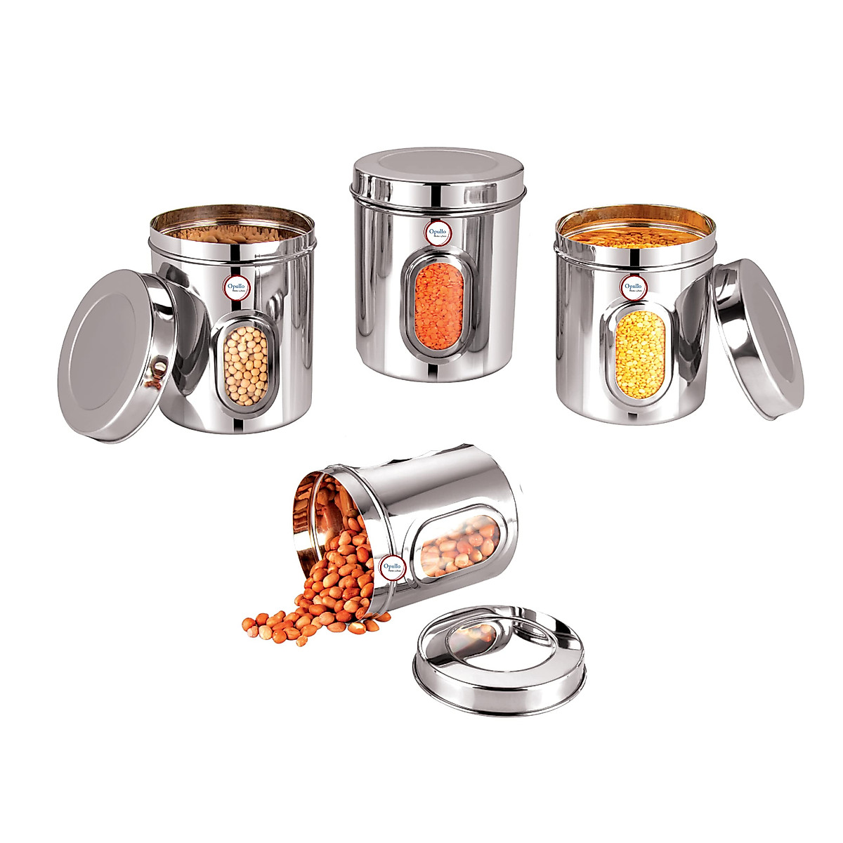 Opullo Stainless Steel See Through Containers for Kitchen | Mirror Polished Stainless Steel Containers With Lid and Transparent Window | Multipurpose Dabba Set for Kitchen | Pack of 4 | 1.25 Kgs