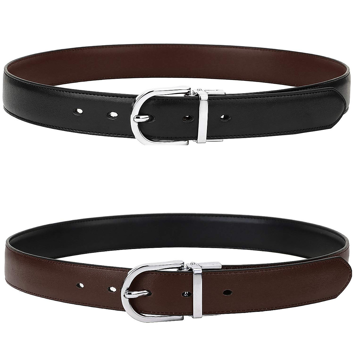 Falari Women Reversible Belt Genuine Leather Fashion Dress Belt With Single Prong Buckle 6027 (Black/Dark Brown, L (fit waist 26-38))