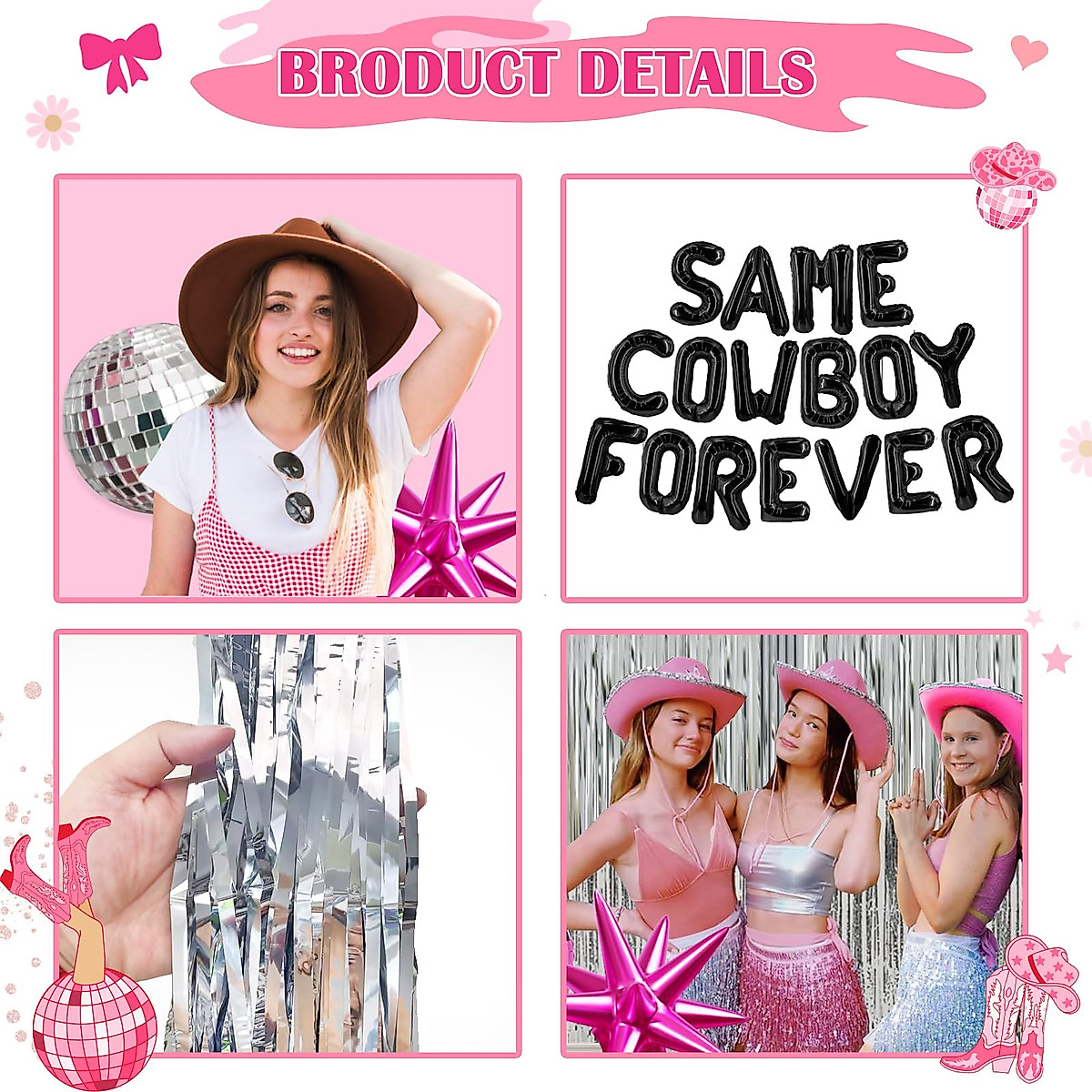 Party Inspo Same Cowboy Forever Bachelorette Decorations, Western Disco Cowgirl Bachelorette Party Decorations, Nashville Bridal Shower Decorations Fringe Curtain Balloon Pink Silver Black