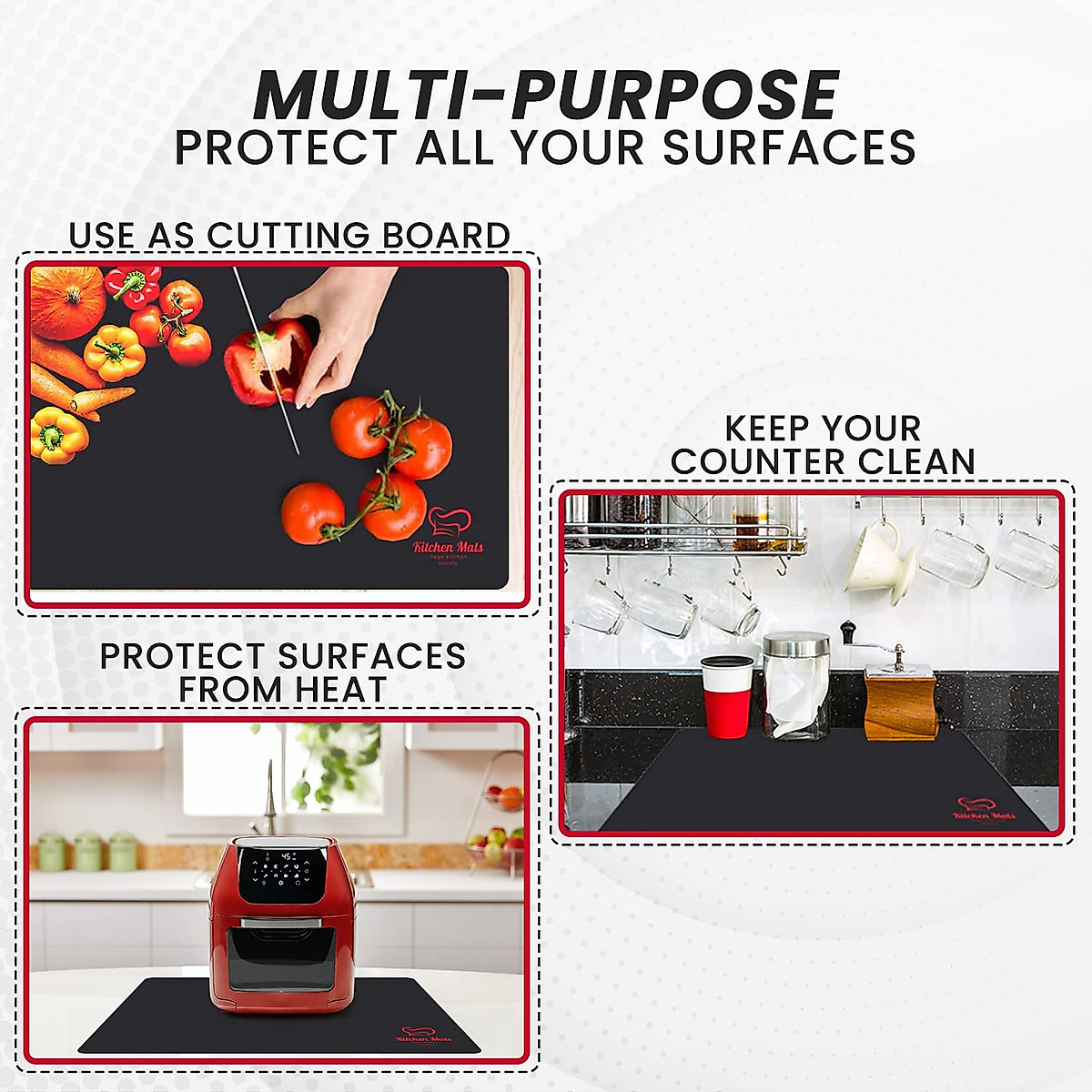 Large Black Heat Resistant Mat For Countertop, 23”x15”, Air Fryer Mat Counter Protector For Kitchen, Non Slip Silicone Kitchen Mat, Microwave Mat