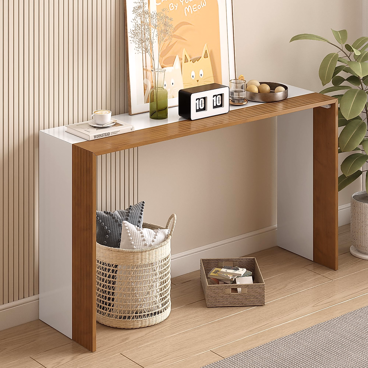 Color-Blocked Console Table, Modern Minimalist Style Sofa Table for Entrance, Hallwayand Living Room, White and Brown