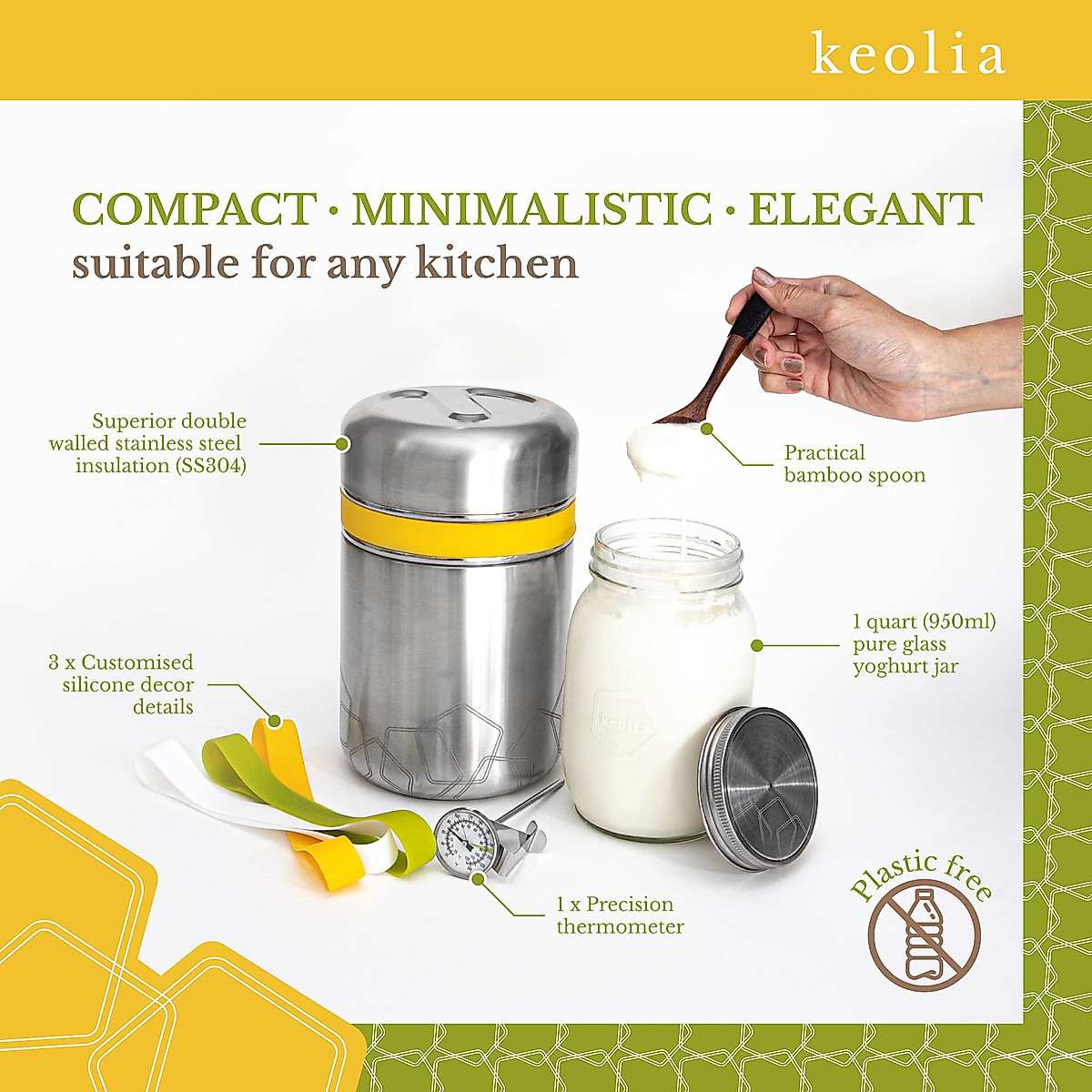 Keolia Yogurt Maker Machine, 1 Quart Glass Yogurt Maker Jars with Recipe Book and Accessories to Make Yogurt, Homemade Dairy Free Yogurt Culture, Stainless Steel Yoghurt Maker with Dairy Jars
