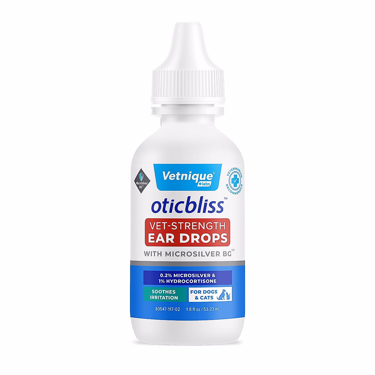 Vetnique Oticbliss Cat & Dog Ear Infection Treatment Drops - with 1% Hydrocortisone & MicroSilver BG for Dog Yeast Ear Infections - Vet Recommended Cat & Dog Ear Cleaner for Itchy Ear Relief