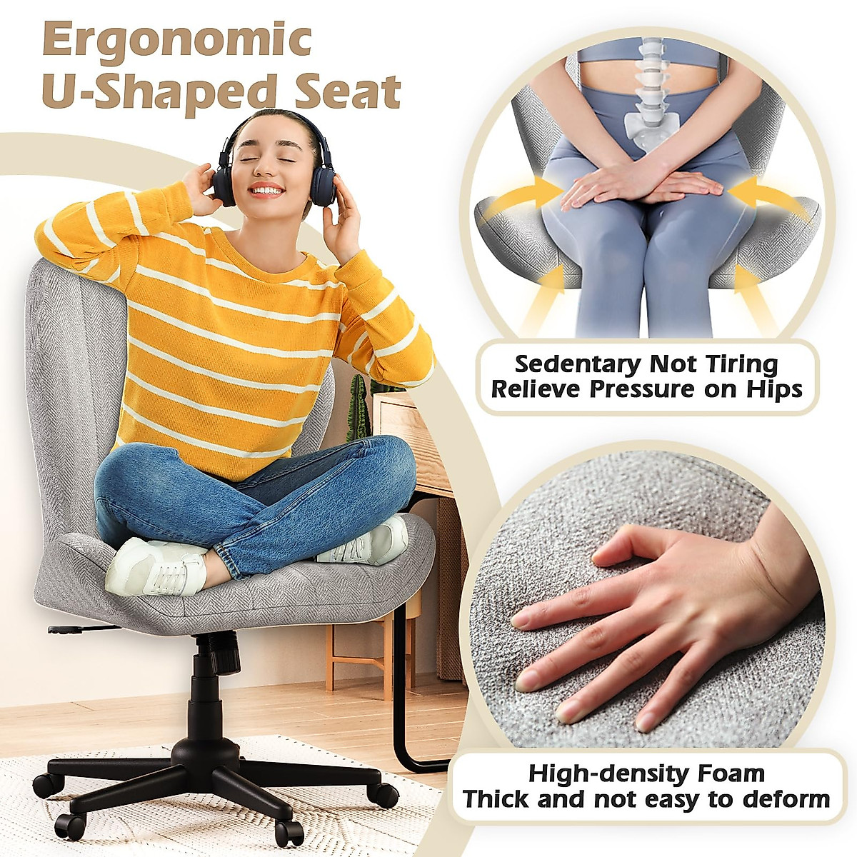 ZZW Cross Legged Chair Armless Office Chair with Wheels Wide Desk Chair with Tall Back Comfy Vanity Chair with Stress Relief Curved Design Seat Criss Cross Chair for Bedroom & Office & Home (Gray)