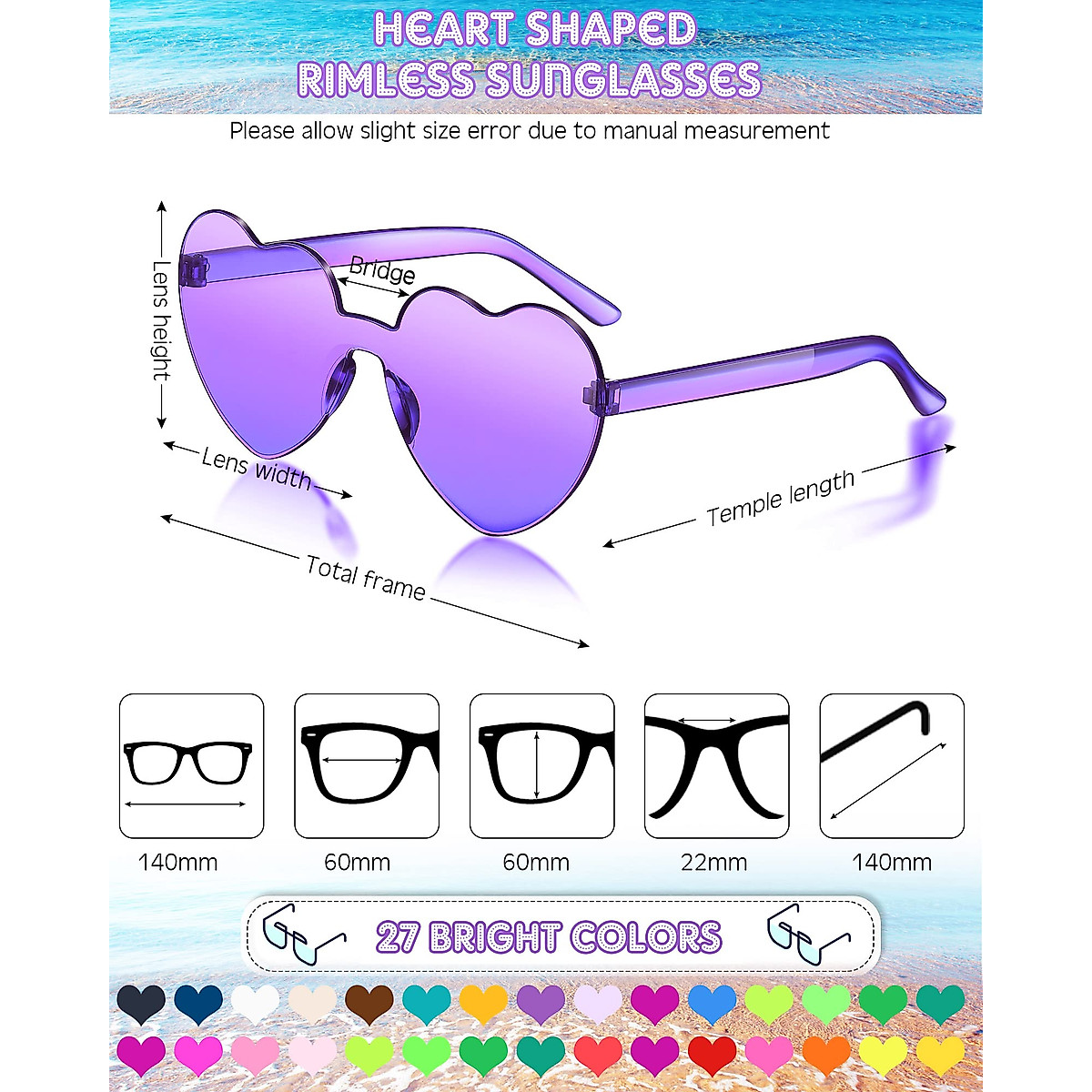 Konohan 54 Pairs Heart Sunglasses Bulk Valentine's Day Rimless Heart Shaped Colored Glasses Frameless Transparent Candy Multicolored Sunglasses for Women Party Eyewear
