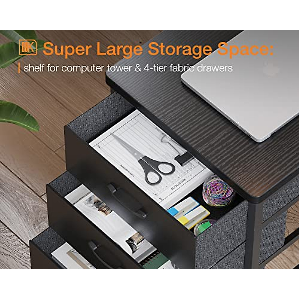 ODK 63 inch L Shaped Computer Desk with USB Charging Port & Power Outlet, Gaming Desk Corner Desk with 4 Tier Drawer & Monitor Shelf for Home Office Workstation, Modern Style Writing Table, Black