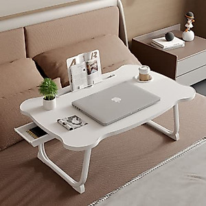 Foldable Laptop Bed Table Lap Desk Stand, Serving Tray Dining Table with Slot, with Foldable Legs & Cup Slot，Notebook Stand Holder, Working, Watching Movie on Bed/Couch/Sofa/Floor (White)