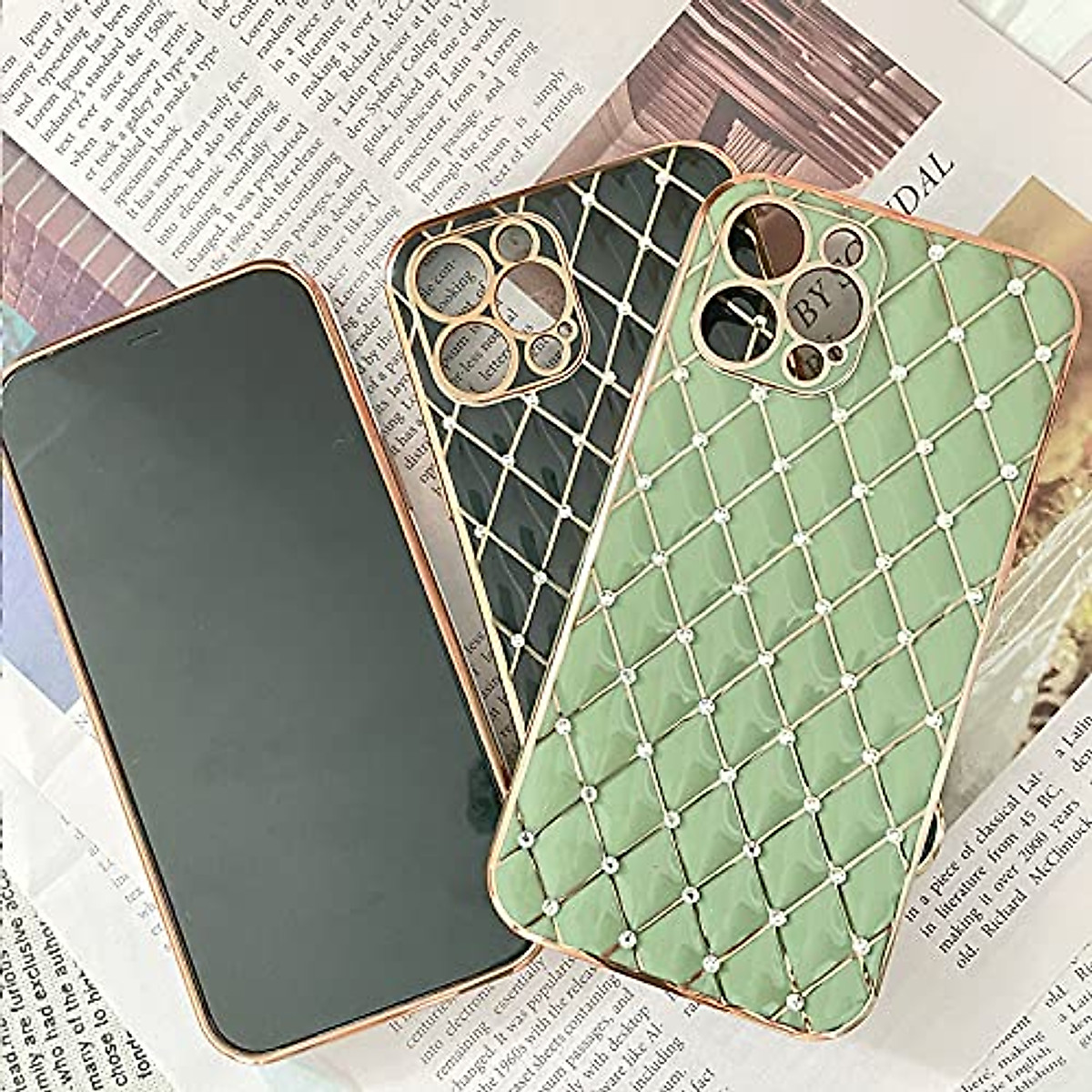 BOGUT Compatible with iPhone 12 Pro Max Case for Women Girls, Glittering Luxury Gold Line Design, Lattice Pattern with Diamond Plating, Shockproof Soft Silicone Cover (6.7")-Green