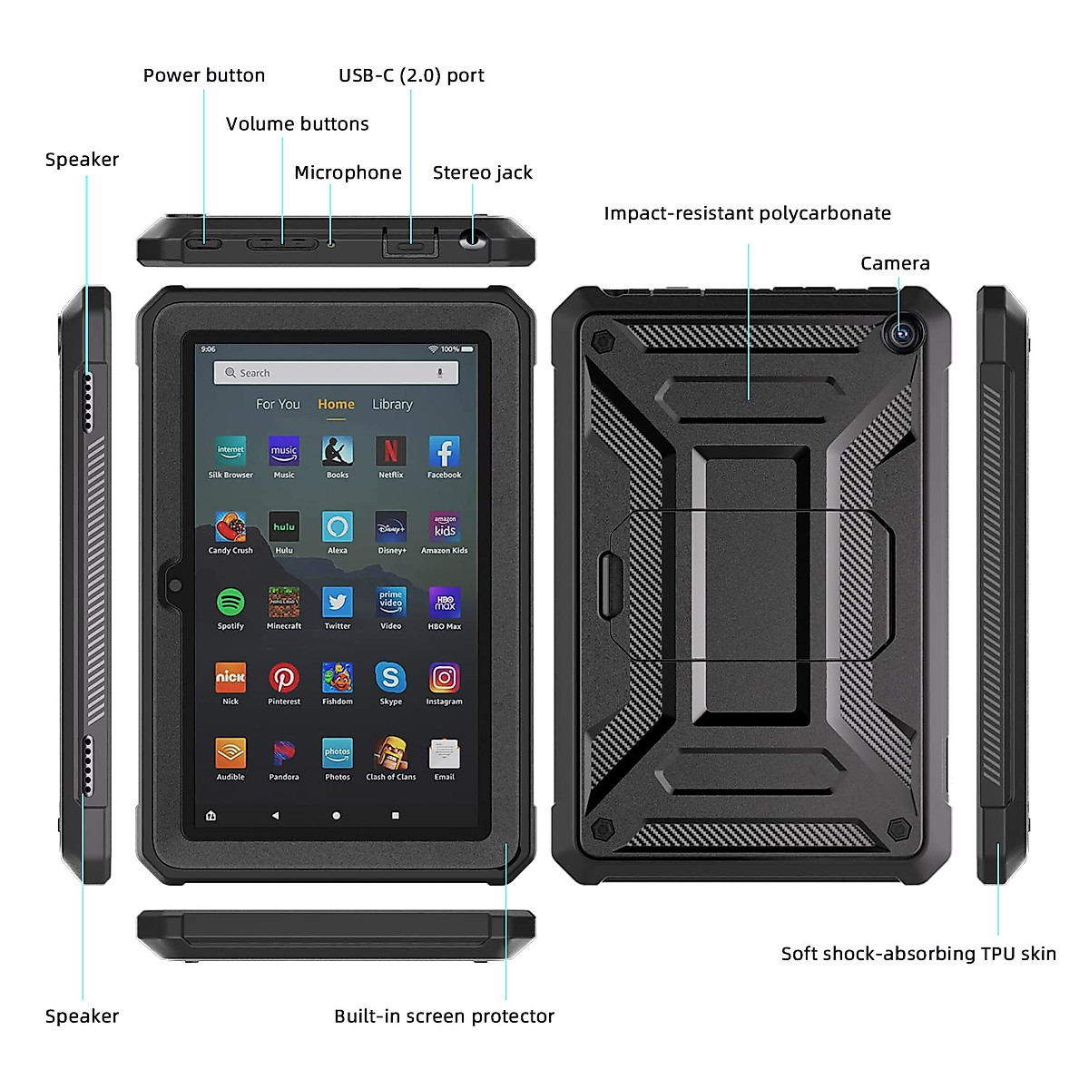 Fire HD 8 & HD 8 Plus Tablet Case (Only 12th Gen,2024/2022) - DJ&RPPQ [Light-Duty] Full Body Rugged Cover with Built-in Screen Protector for Kindle Fire HD 8 Kids Tablet & Kids Pro Tablet - Black