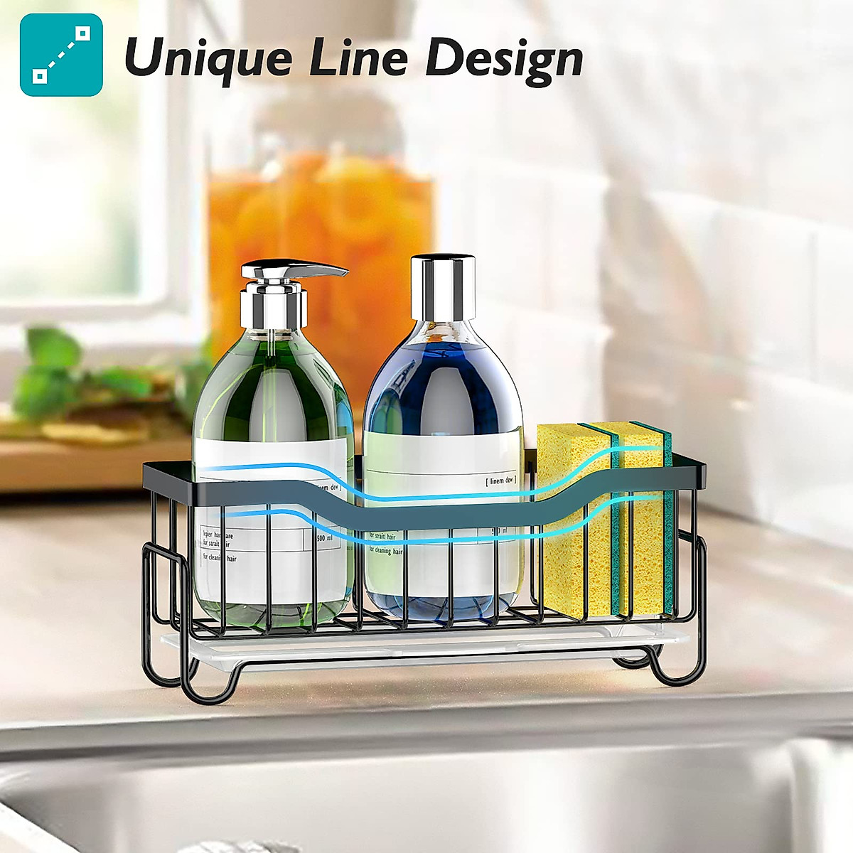 Kitchen Sink Caddy, Sponge Holder for Kitchen Sink, Kitchen Sink Organizer Accessories for Countertop, Stainless Steel Dish Sink Brush Holder with Removable Drip Tray for Dish Soap Brush Scrubber