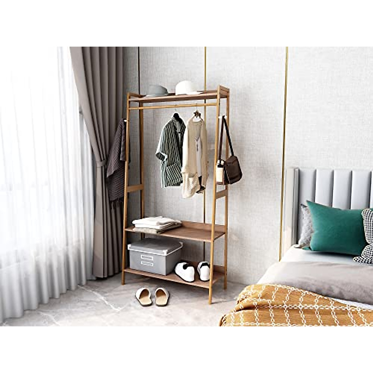 Fazda Era Cloth Hanger Standing Rack Free Standing Hanger with 3 Shelves, Garment Rack with Side Hook, Brown