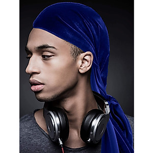 4 Pieces Men's Velvet Durag with Long Tail Soft Durag Headwraps for 360 Waves (Royal blue, Red, Gold, Black)