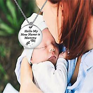 LQRI Pregnant Mom to Be Gift New Mom Gift Hello My New Name is Mommy Necklace Baby Footprint Mommy To Be Gifts First Time Mom Gift for Expecting Mother (Sliver)