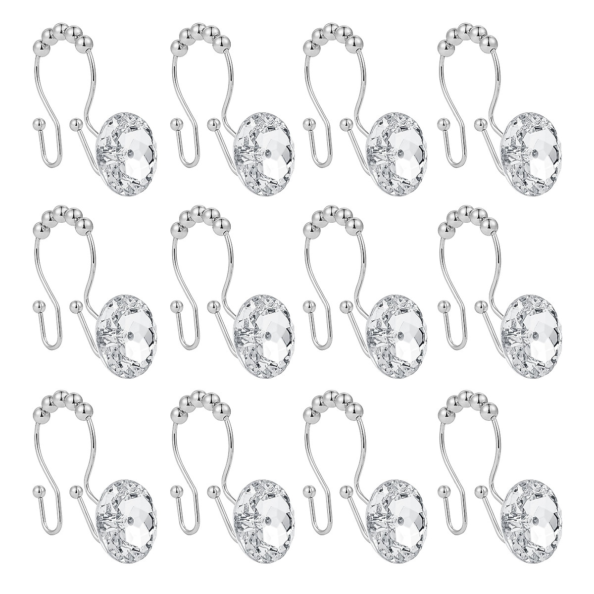 Cyrra Stainless Steel Rust Resistant Double Hooks Glide Shower Ring Hangs for Both Shower Curtain and Liner 12-Pack (Crystal White)