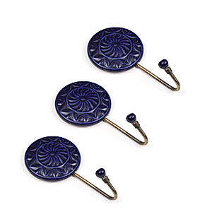 Alpha Living Home Set of 3 Ceramic Wall Coat Hooks, Round Decorative Robe Hook, Scarf, Bag, Towel, Hat etc for Kitchen Bathroom Office Farmhouse Wall Mounted Hanging - Antiue Royal Blue