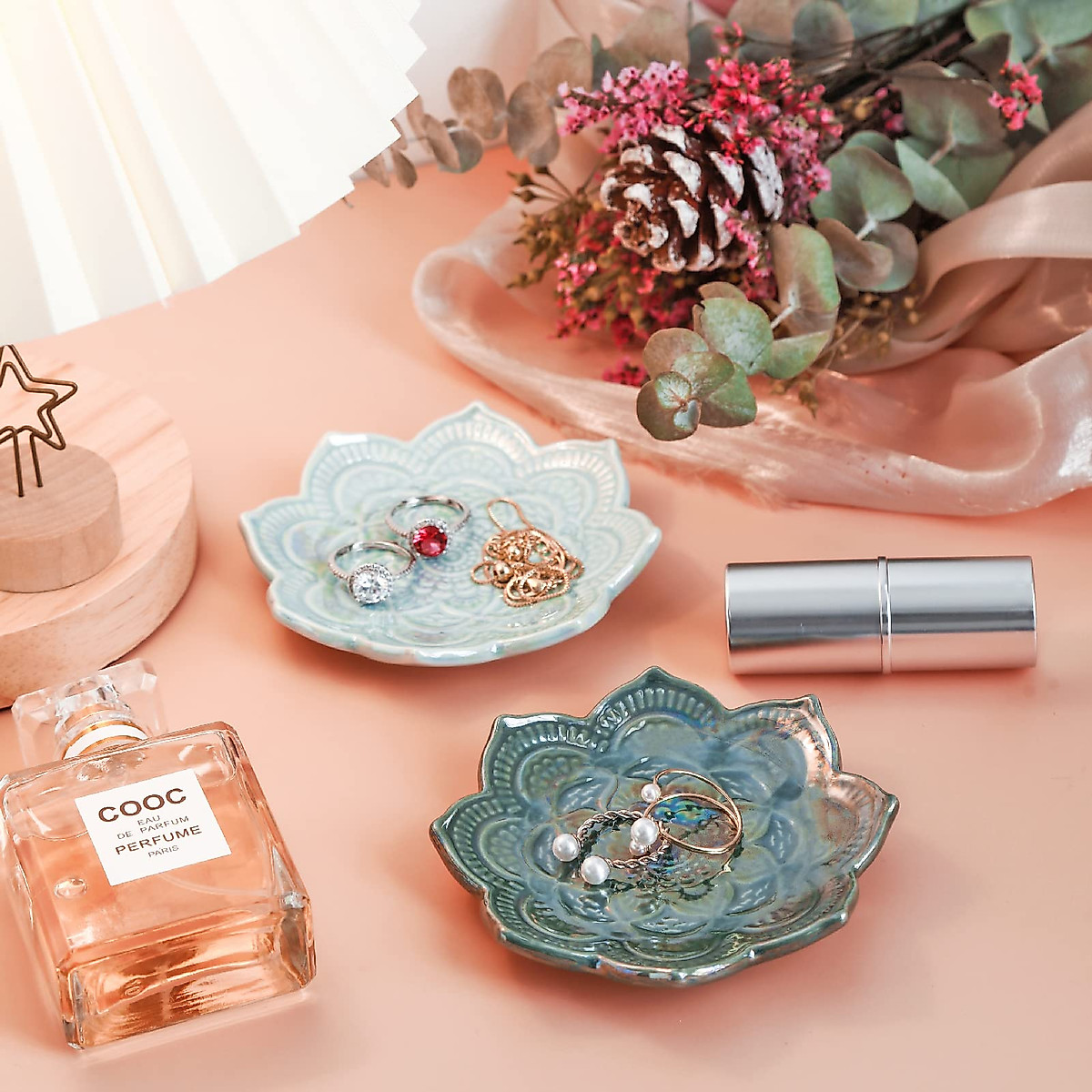 PUDDING CABIN Boho Ring Dish Small Jewelry Dish Ceramic Trinket Tray Crystal Holder 2 Set of Boho Decor, Wedding Bridal Shower Gifts for Bridesmaids Bride