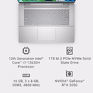 Dell Inspiron 7630 Laptop - 16.0-inch 16:10 2.5K (2560x1600) Display, Intel Core i7-13620H, 16GB LPDDR5 RAM, 1TB SSD, NVIDIA GeForce RTX 3050 GDDR6 Graphics, 1 Year Onsite Service - Platinum Silver