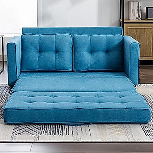RIDFY Modern Convertible Sleeper Sofa Bed with Pull-Out Bed and Two Side Pockets, Chenille Loveseat Sleeper Sofa Couch for Living Room, Apartment, Office (Blue)