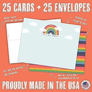 Koko Paper Co Rainbow Thank You Cards | 25 Flat Cards and 25 Bright White Envelopes | Printed on Heavy Card Stock.