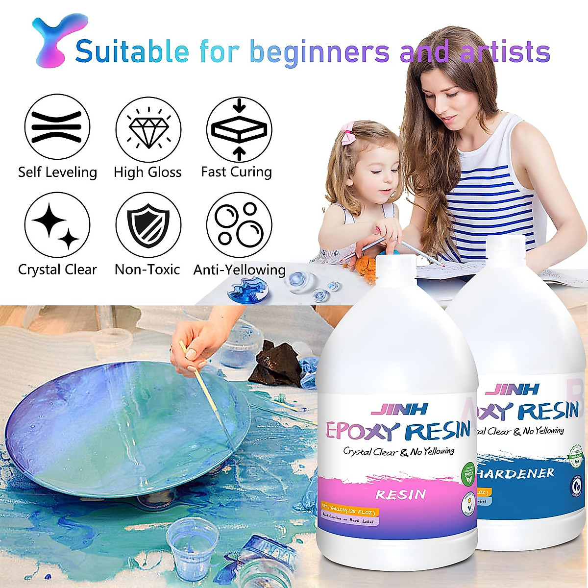 Food Safe Two Part Epoxy Resin, No Yellowing and Bubble, Self Leveling with High Gloss, UV & Heat Resistant, Clear Resin Set for Jewelry Making, Art, Craft, River Tables, Beginner Friendly (16oz)