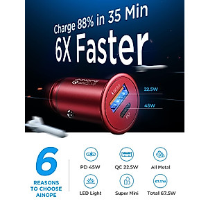 AINOPE USB C Car Charger 67.5W, Red Car Accessories Car Charger USB C for iPhone, Super Mini All Metal Fast Charging Car Charger PD&QC 3.0 Dual Port Car Adapter Fits iPhone 15 Pro Max 14 13 12 11, Red