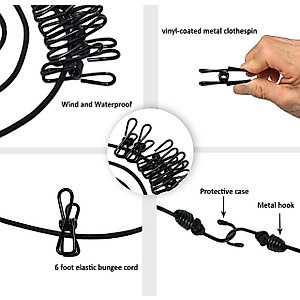 Home-X Portable Travel Bungee Clothesline 10pcs Clothespin, Travel Elastic Clothesline Camping Clothes Lines Adjustable Clothes Rope Portable Clothesline with Clips for Outdoor Wind-Proof Clothesline