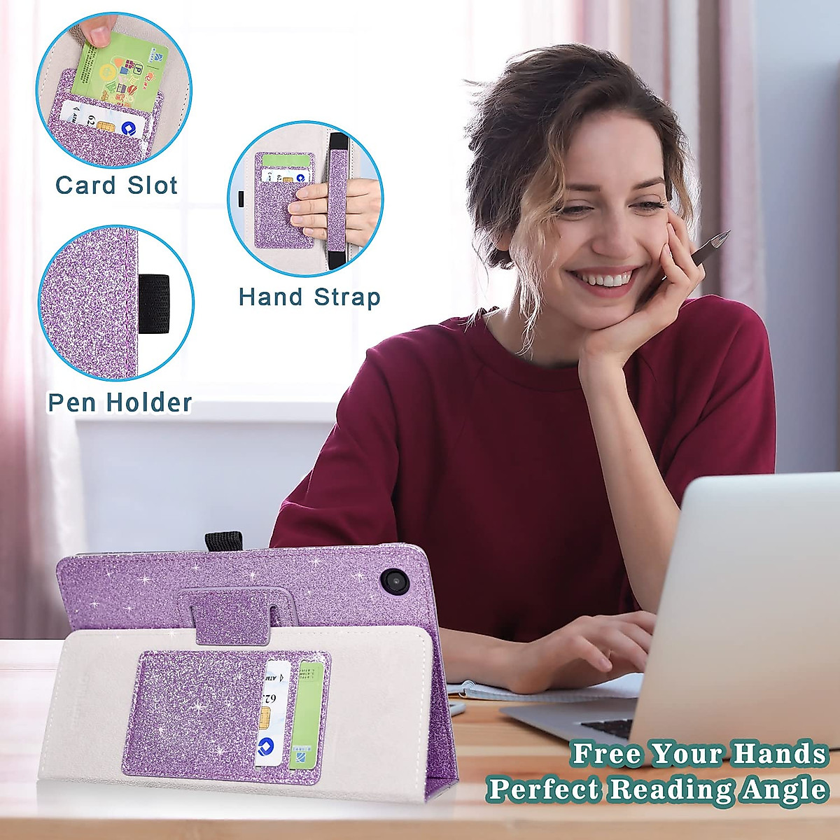 DMLuna Case for Metro by T-Mobile Alcatel Joy Tab 2, 8 Inch Tablet 2020 Release, PU Leather Shockproof Folio Cover Protector Accessory with Handle Hand Strap, Stand, Card Slot, Glitter Purple