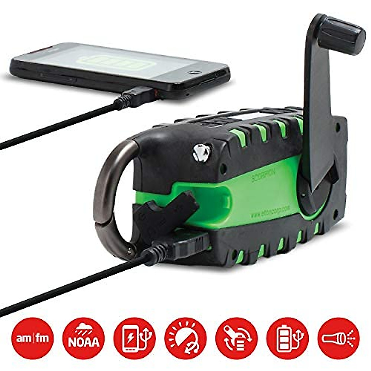 Eton - Scorpion II Rugged Multipowered Portable Emergency Weather Radio & Flashlight Green, Hand Crank, LED Flashlight, Smartphone Charger, Solar Power, 800 MAH Battery, Commitment to Preparedness