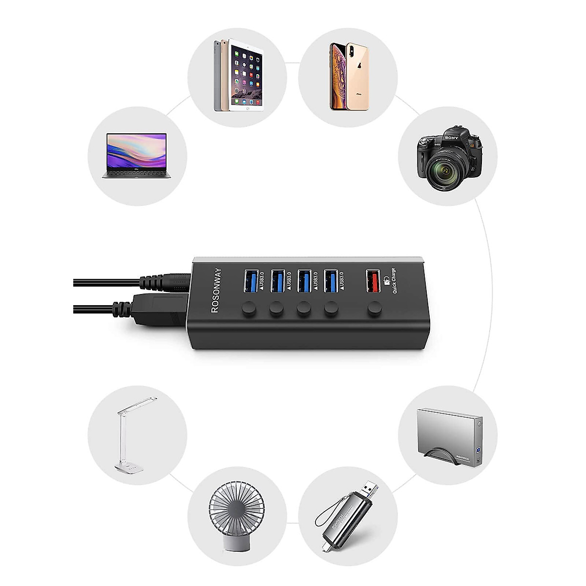 Powered USB Hub Rosonway Aluminum 5 Port USB Hub Expander with 4 USB 3.0 Data Ports and 1 Fast Charging Port, USB Hub 3.0 Splitter with 24W(12V/2A) Power Adapter and Individual Switches (RSH-A35)