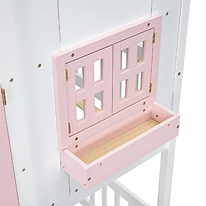VilroCaz Twin Over Twin House Bunk Bed with Windows, Doors and Boxs, Wood House Roof Floor Bunk Bed Frame with Safety Guardrails and Ladder for Teens Kids Boys Girls (Pink/White 22)
