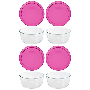Pyrex (4) 7203 7-Cup Glass Bowls & (4) 7402-PC 7-Cup Pink Lids - Made in the USA