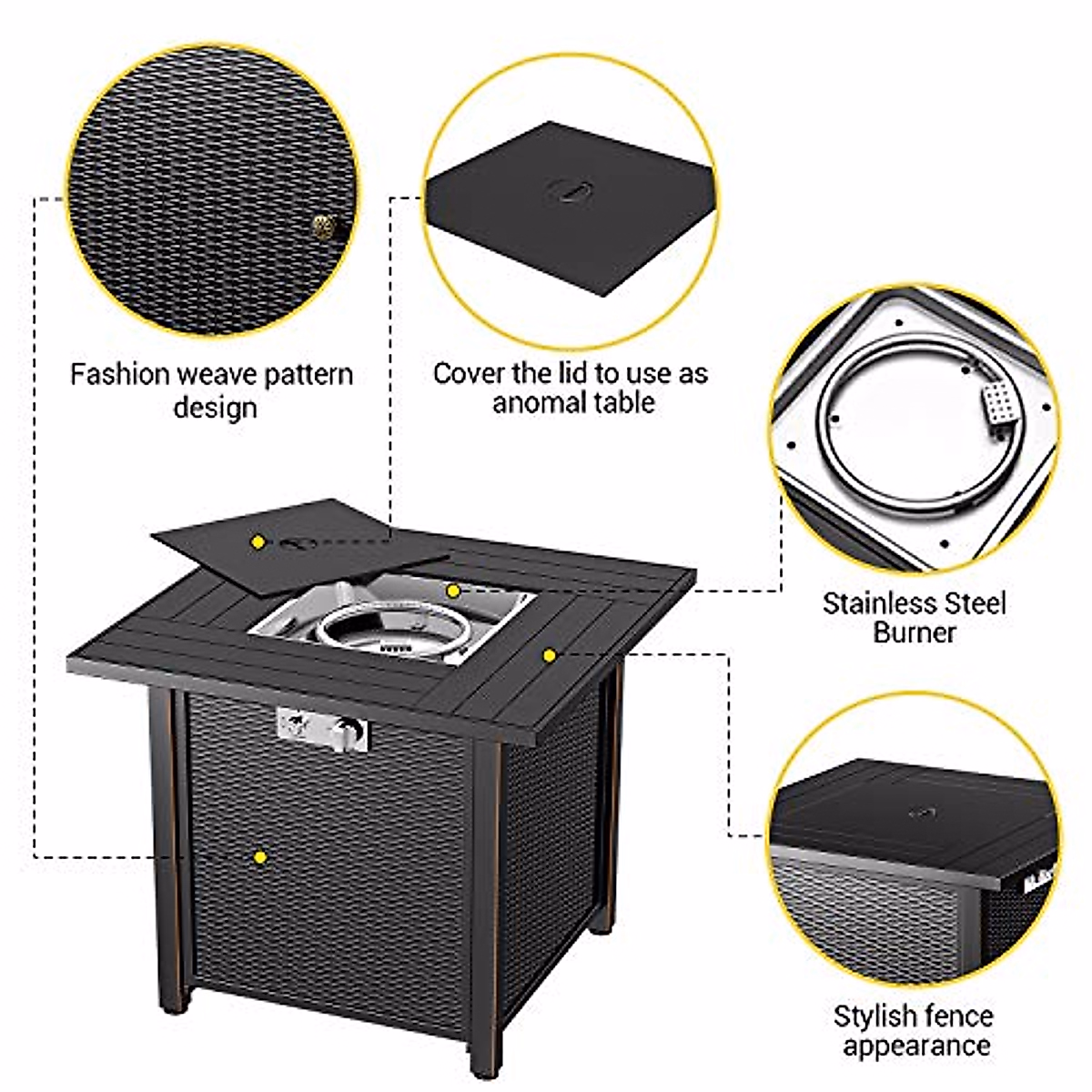 BLUBERY 30" Propane Fire Pit,50,000 BTU Outdoor Fire Pit Table.Wicker Steel Surface,Auto-Ignition,ETL Compliant,Your Garden Warm Companion.