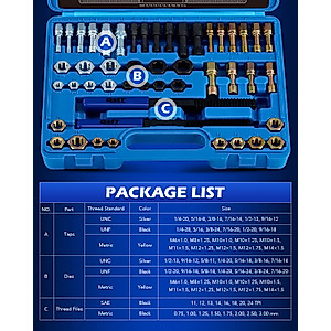 Orion Motor Tech 48 Piece Thread Chaser Set, Metric and SAE Thread Repair Kit with 22 Taps 24 Dies 2 Thread Files, Universal Rethreading Kit Thread Restorer Tool Set in UNC UNF Metric Sizes with Case