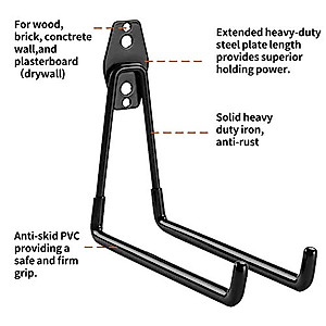 LIIBOT Bike Wall Garage Hooks - 2 Pack Heavy Duty Steel Anti-Slip Tool Double Hangers for Bike Garden Tools Ladders Bulky Items Storage (M (U-Shaped), Black)