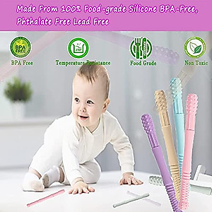 Hollow Teether Tubes, Honboom 5 Packs Soft Silicone Teething Tubes, Baby Soothing Teether Toy, Chew Straw Toy for Babies 0-12 Months with a Cleaning Brush, Dishwasher Safe (6.6in)