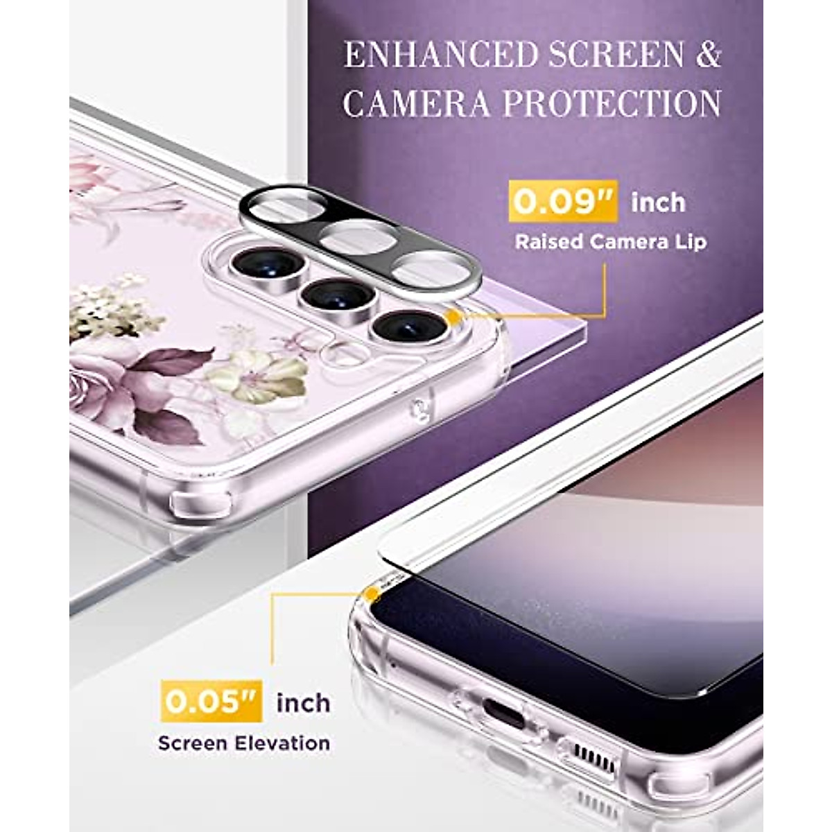 GVIEWIN Compatible with Samsung Galaxy S23 Plus Case with Screen Protector+Camera Lens Protector, Slim Shockproof Clear Floral Pattern Phone Protective Cover for Women 6.6" (Cherry Blossoms/Purple)