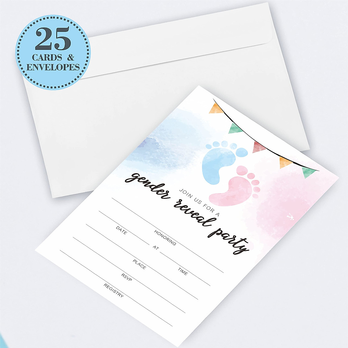 JCVUK Set of 25 Baby Shower Invitations with Envelopes, Diaper Raffle Tickets and Baby Shower Book Request Cards, Blue and Pink Baby Footprints Theme Gender Reveal Party For Boys or Girls (YQKTZ-A04)