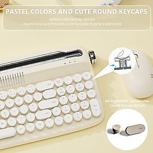 YUNZII Upgraded Wireless Typewriter Keyboard,with Retro Integrated Stand,USB-C/Bluetooth,Cute Round Keycaps, USB-C/Bluetooth Connection for Table, Phone, PC and Win/Mac/Android (B309, Ivory Butter)