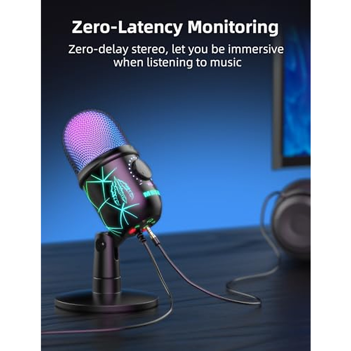 MRSDY USB Microphone, Plug and Play Gaming Mic for PC, Mac, PS4/5, Podcast Microphone with RGB, Mute, Monitor, Noise Reduction, Volume Gain, Great for Recording, Streaming