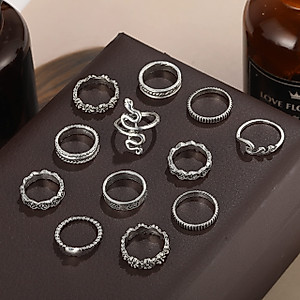 Gothic Stackable Rings Set for Men, Women - Silver, Vintage, Punk, Boho, Chunky, Adjustable