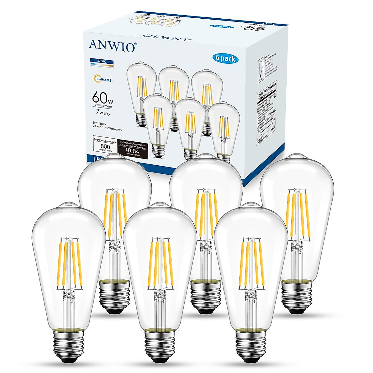 ANWIO ST21 LED Filament Bulb 7W(60 Watt Equivalent) Dimmable 2700K Warm White Vintage Edison Light Bulb E26 Medium Base (6-Pack)