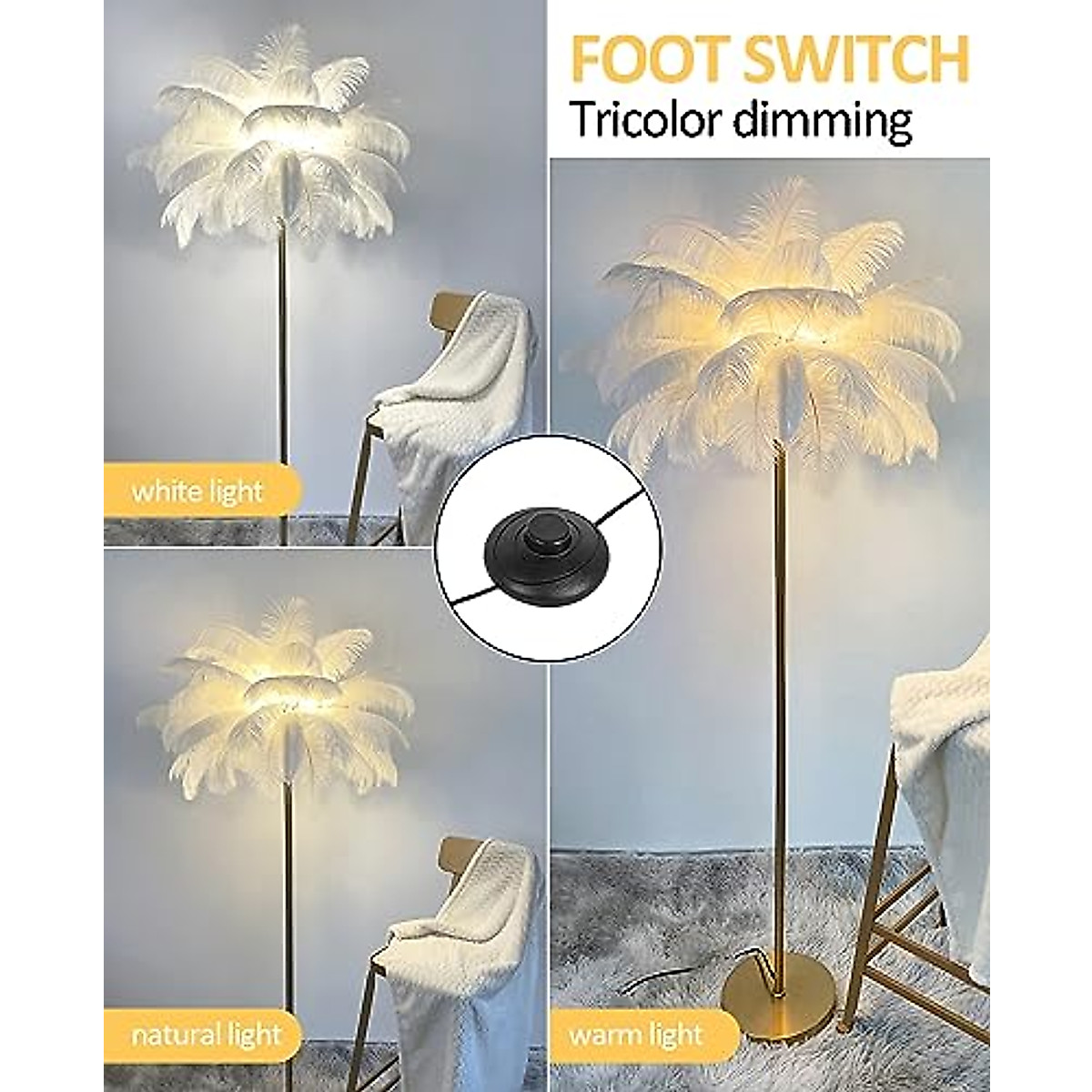 GOYQGLE Floor Lamp Gold,62.9in Ostrich Feather Floor Lamp with Foot Switch / 6-Light*G4,Golden Lamp Body with Plug in Wire,Bulb Included,Simple Modern Bedroom and Living Room
