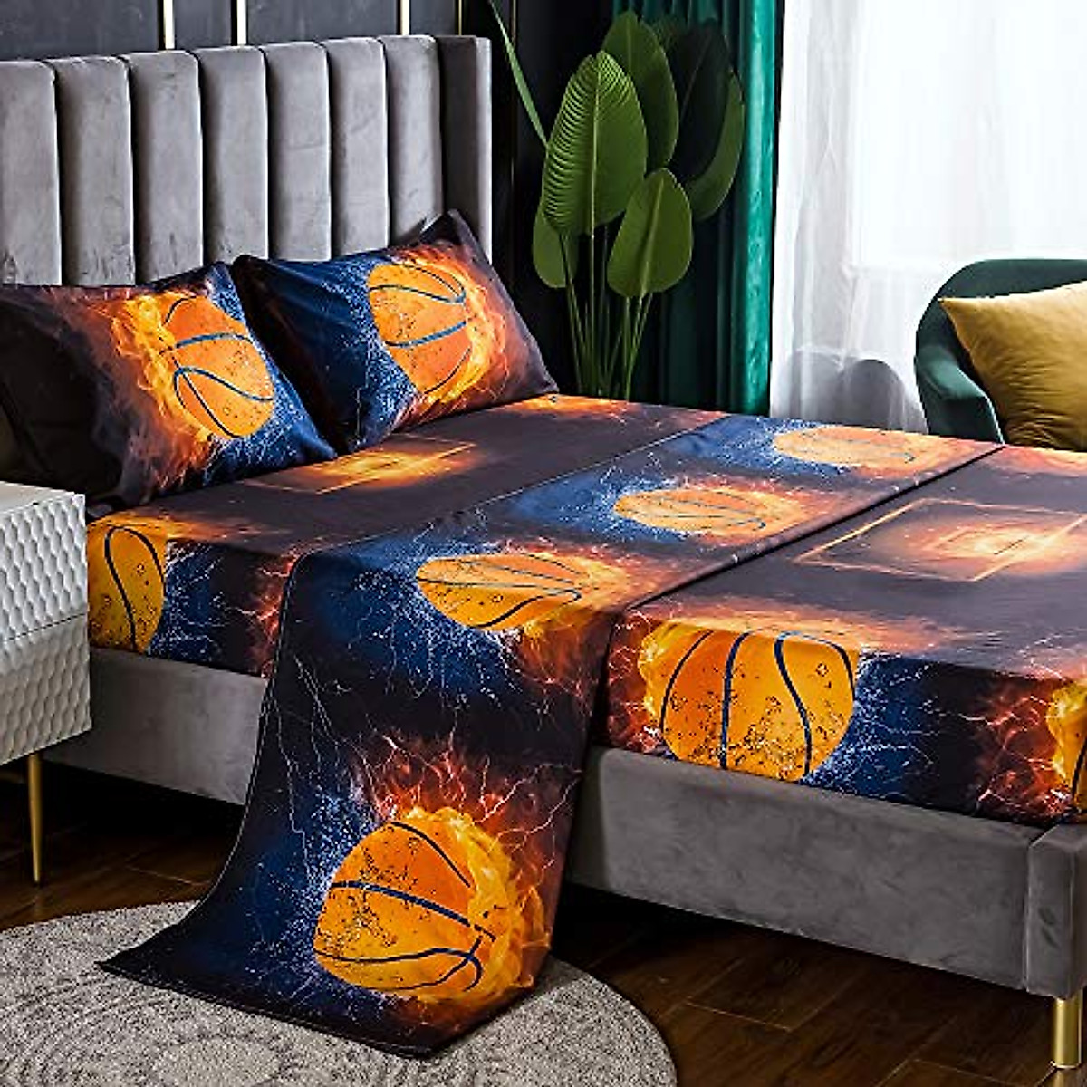 4PC Soft Basketball Sheet Sets Full Size Sport Bedding Sheet Sets with Flat Fitted Sheet for Boys, Girls and Teens (Full, Basketball)