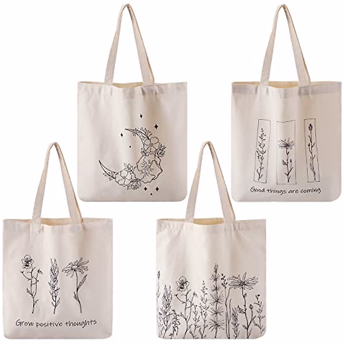 4 Pcs Canvas Tote Bag for Women Floral Cat Mushroom Tote Bags Aesthetic Reusable Shopping Tote Bag for Girls Christmas Gift(Wildflower)