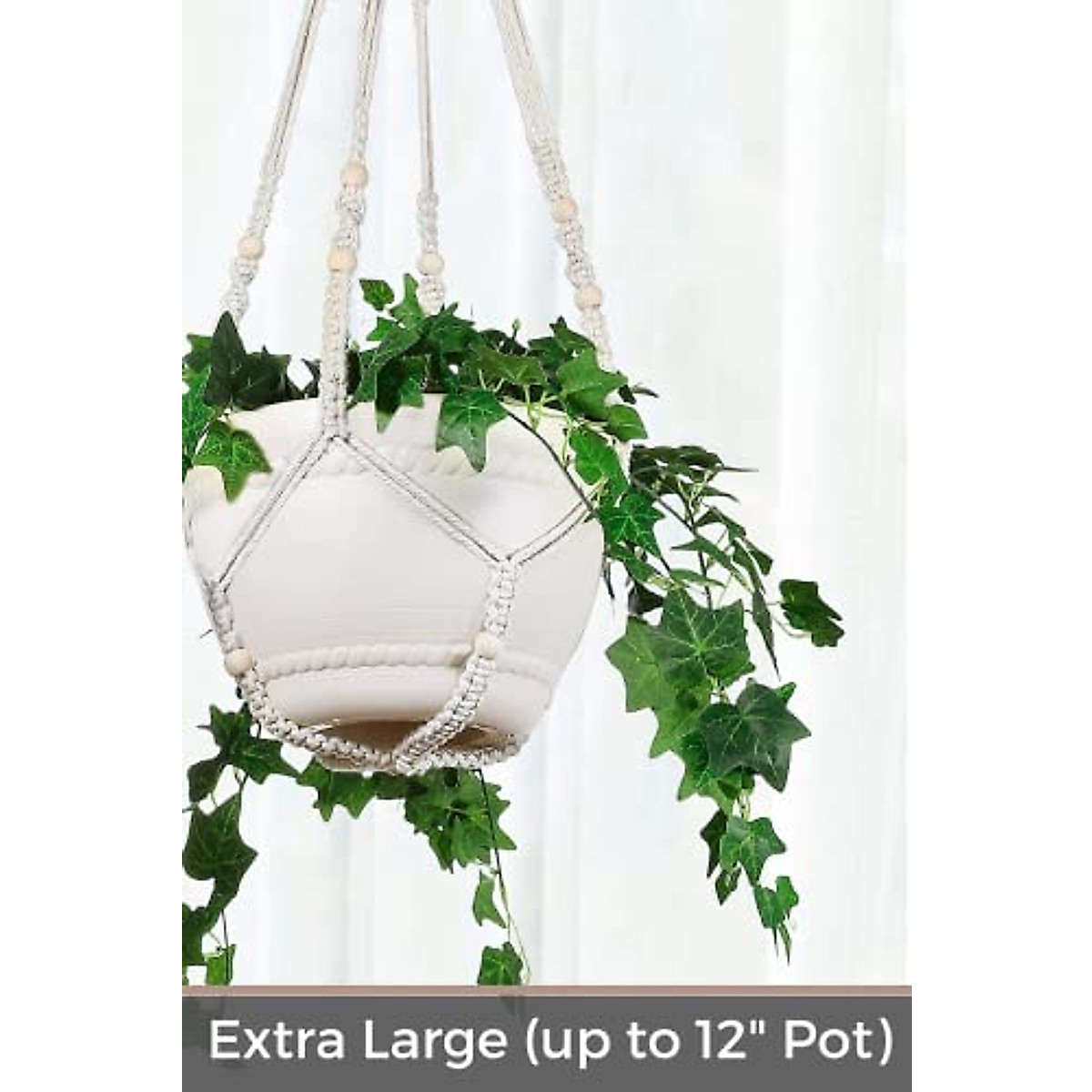 Shineloha 43 Inches Macrame Plant Hanger Large for up to 12 inch Pot | Extra Long + Hook | No Tassel, Cotton Rope Hanging Plant Holder with Swag Hook, NO Plant/Pot Included (White)…
