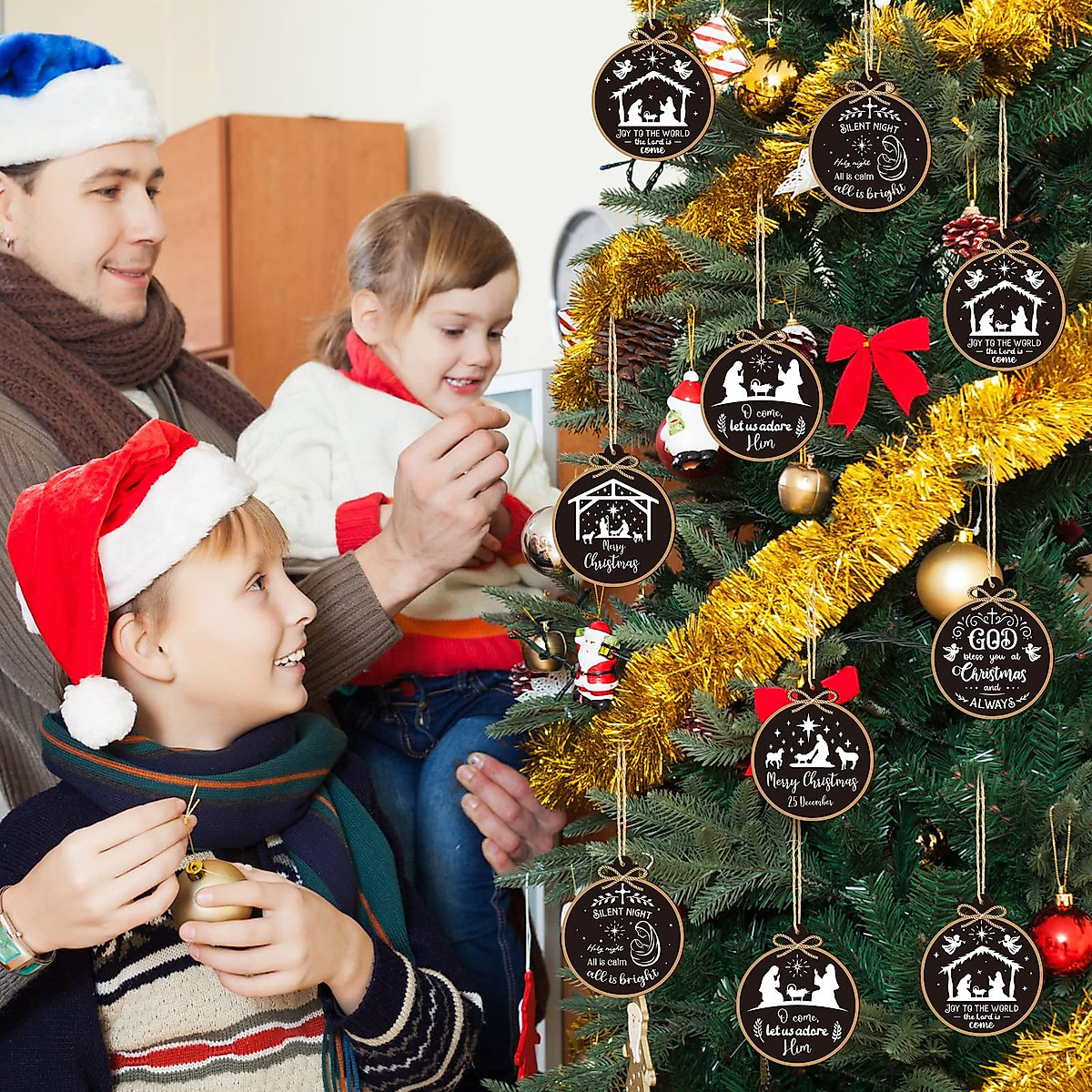 24 Pcs Nativity Christmas Tree Ornaments Religious Christmas Nativity Scene Set The Birth of Jesus Christmas Decorations Wooden Nativity Scene Christmas Tree Ornament (Classic Style)