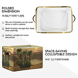 LELEGO Rectangular Storage Basket Tropical Summer Palm Tree Desert Storage Bins Boxes Collapsible Storage Cubes Organizer with Leather Handles for Home Organization Shelf Basket Toy Laundry Hamper Nur