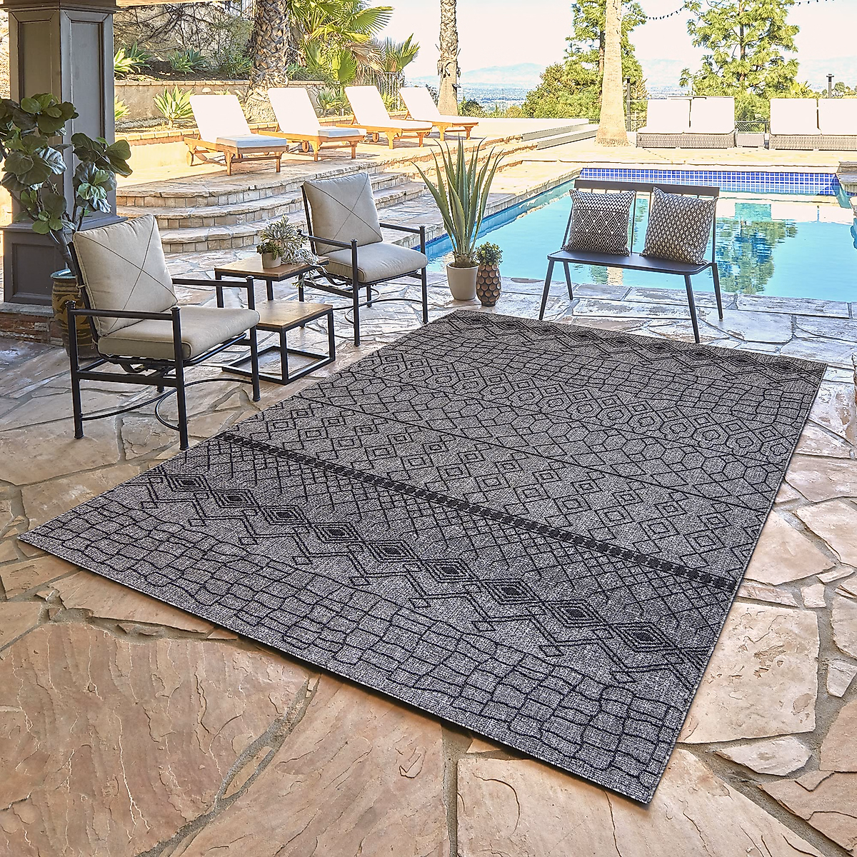 Gertmenian Indoor Outdoor Area Rug, Classic Flatweave, Moroccan Collection II, Stain & UV Resistant Carpet, Deck, Patio & Mudroom, 7x10 Large, Diamond Tribal Dark Gray, 18455