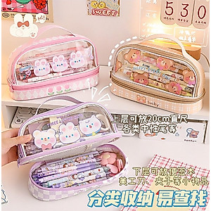 JHTPSLR Large Kawaii Pencil Pouch with Strap Double Layer Pencil Pouch Clear Waterproof Cute Preppy Pencil Case Pen Bags Holder Storage and Organizer (Purple Friends)